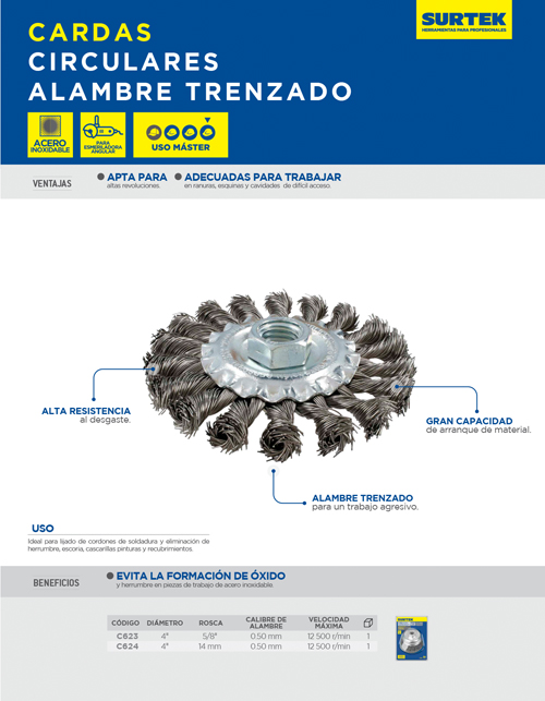 C624 Carda circular ondulada alambre delgado acero inoxidable 4" x 0.30 mm con rosca M14 Surtek ...