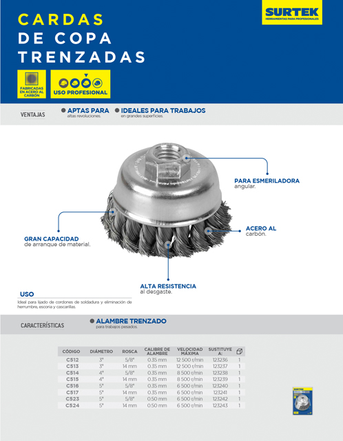 C513 Carda copa trenzada alambre delgado 3" x 0.35 mm con rosca M14 Surtek - Tienda Urrea