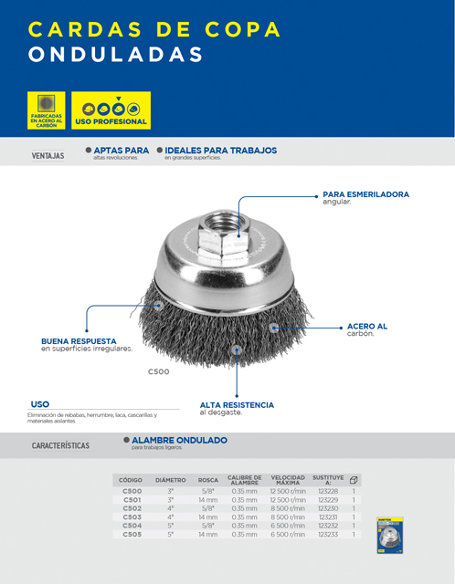 C502 Carda copa ondulada alambre delgado 4" x 0.35 mm con rosca 5/8" Surtek - Tienda Urrea