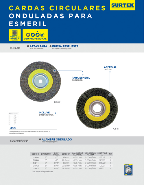 C539 Carda copa ondulada alambre delgado para esmeril 6" x 3/4" eje 1/2" Surtek - Tienda Urrea