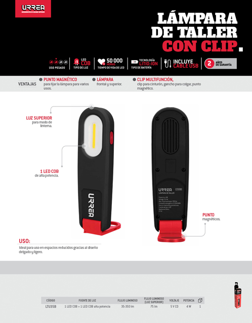 LTU35B Lámpara de taller con smart clip 350 lm Urrea - Tienda Urrea