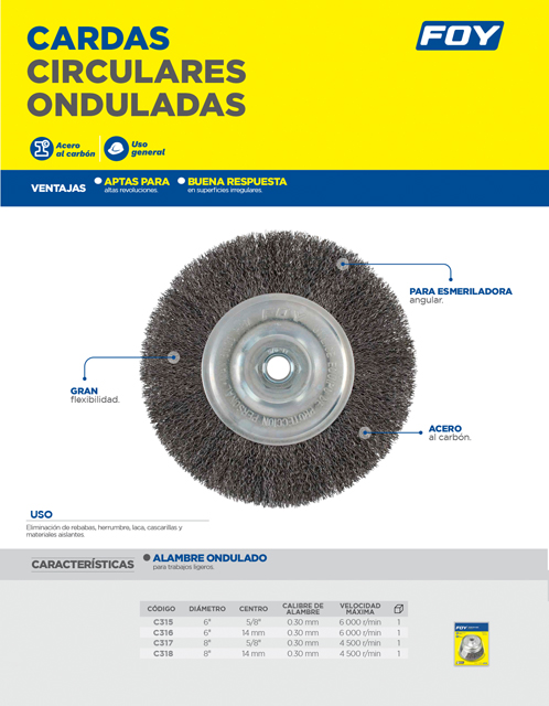 Carda circular ondulada alambre delgado 6" x 0.30 con rosca 5/8" FOY - Tienda Urrea