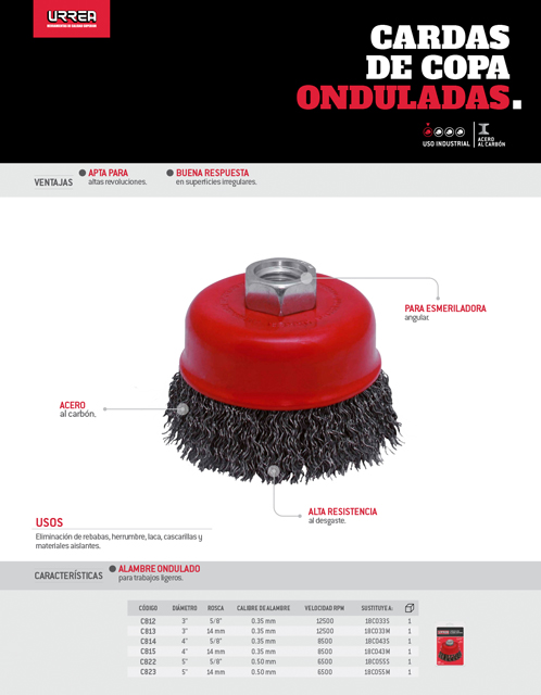 Carda copa ondulada alambre fino 4" x 0.35 mm con rosca 5/8" URREA - Tienda Urrea