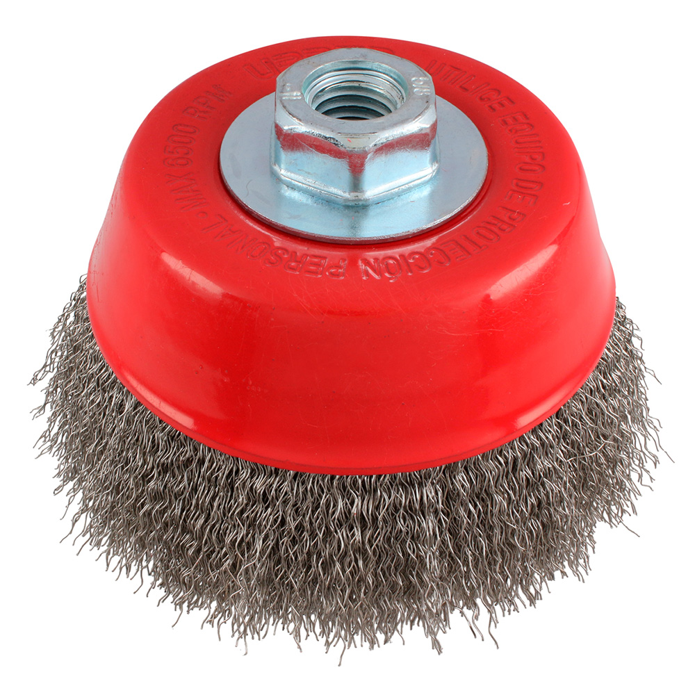 C937 Carda copa ondulada alambre fino de acero inoxidable 5" x 0.30 mm con rosca M14 Urrea ...