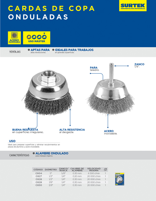 C628 Carda copa ondulada alambre delgado acero inoxidable 1/2" x 0.30 mm con zanco 1/4" Surtek ...